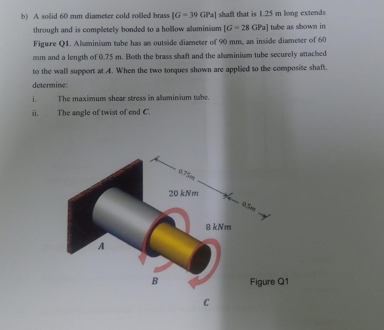 Solved b) A solid 60 mm diameter cold rolled brass [G=39GPa] | Chegg.com