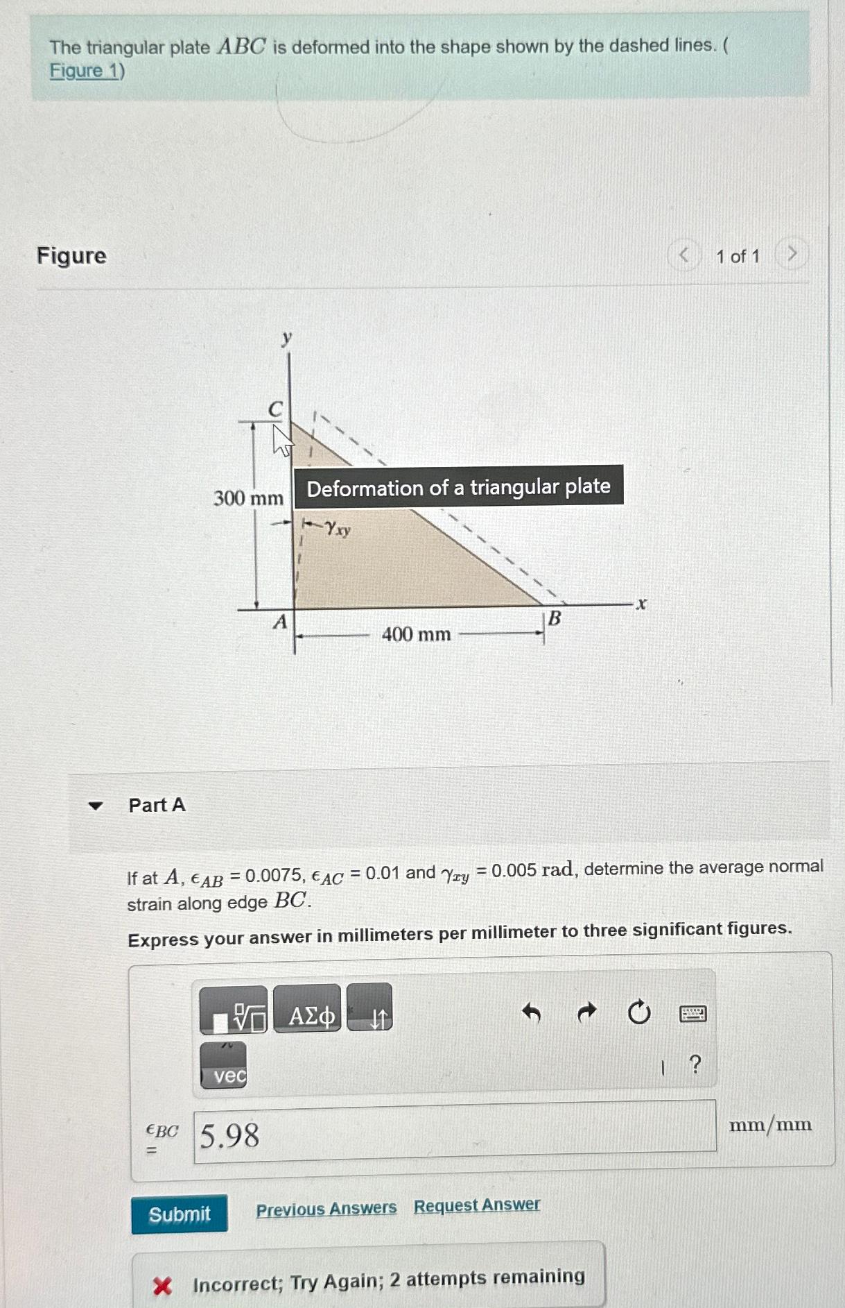Solved The triangular plate ABC is deformed into the shape | Chegg.com