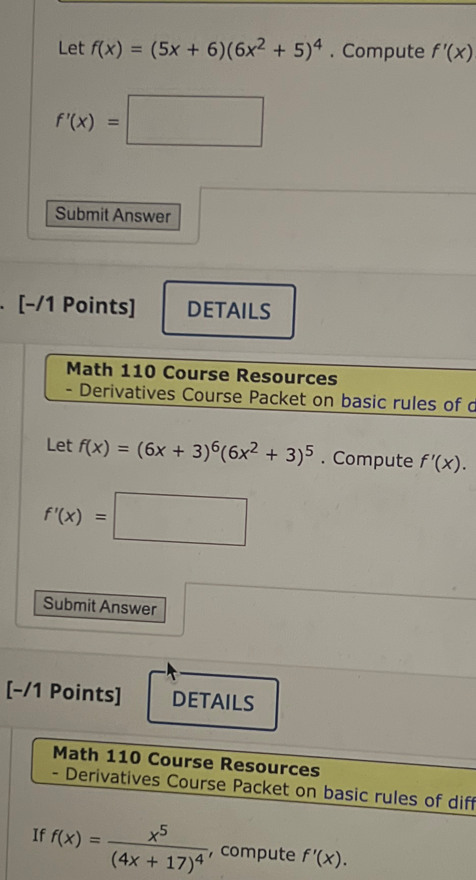 Solved Let f(x)=(5x+6)(6x2+5)4. ﻿Compute f'(x)f'(x)=[-/1 | Chegg.com