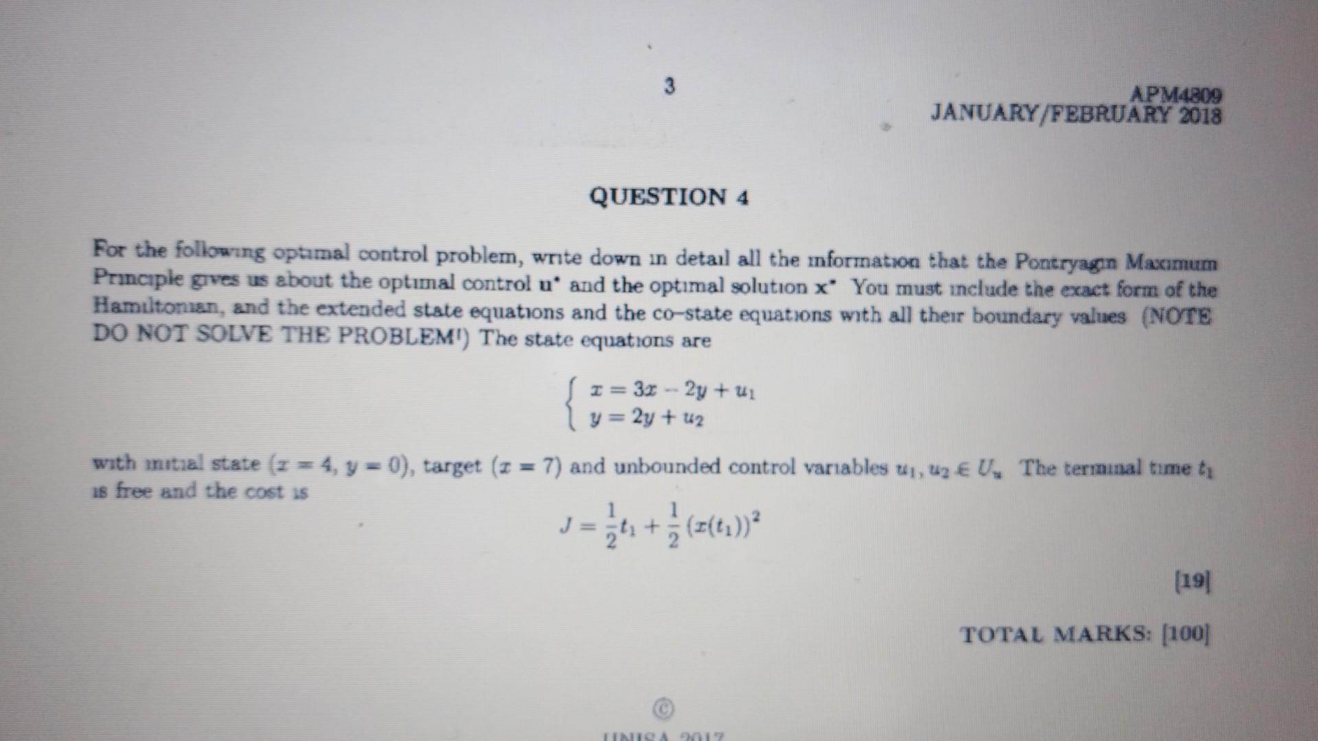 Solved For the following optimal control problem, write down | Chegg.com