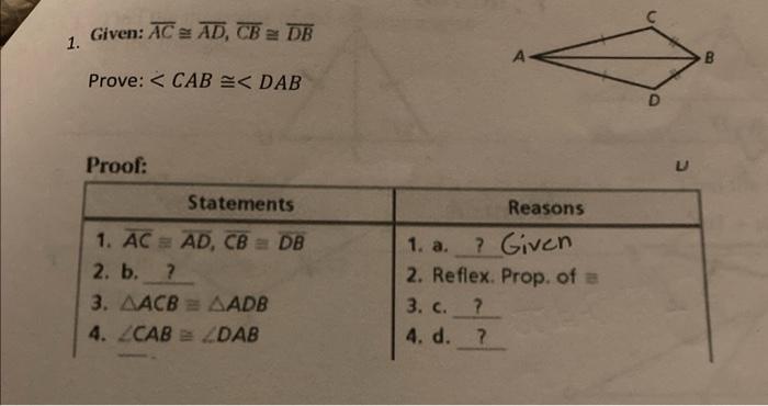 Solved Given: AC≅AD,CB≅DB Prove: ∠CAB≅∠DAB Proof: | Chegg.com