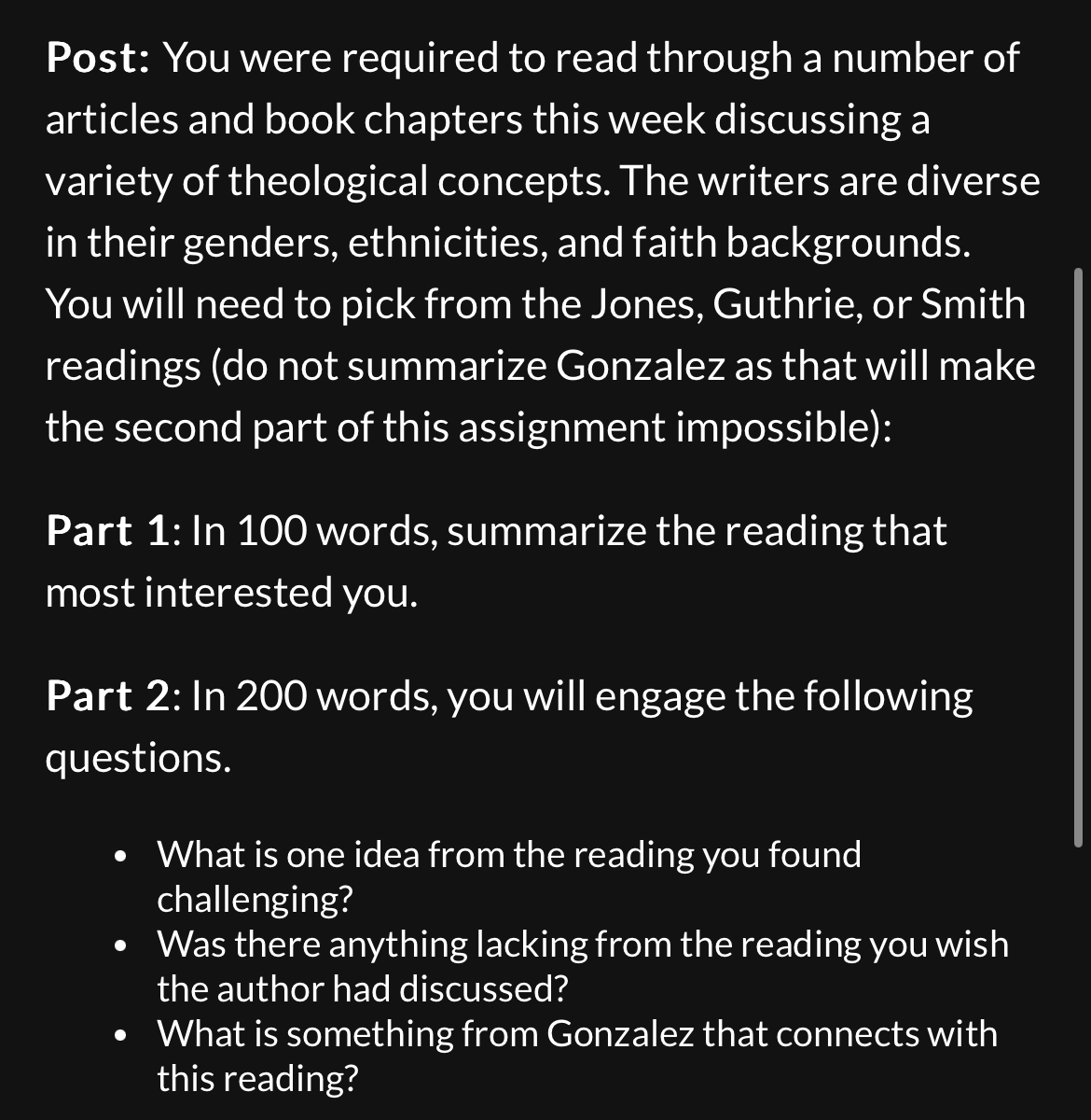 Solved Post: You were required to read through a number of | Chegg.com