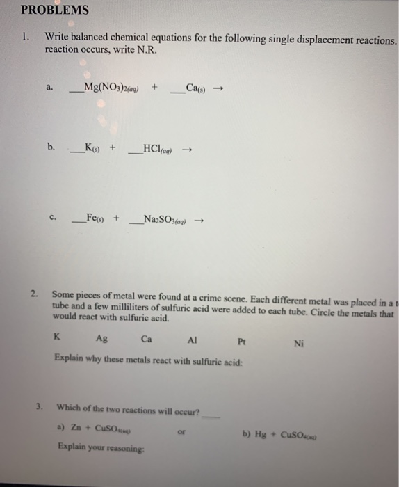 Solved PROBLEMS 1. Write balanced chemical equations for the | Chegg.com