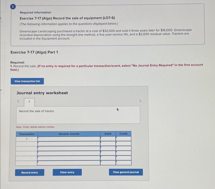 Solved Required information Exercise 7-17 (Algo) Record the | Chegg.com