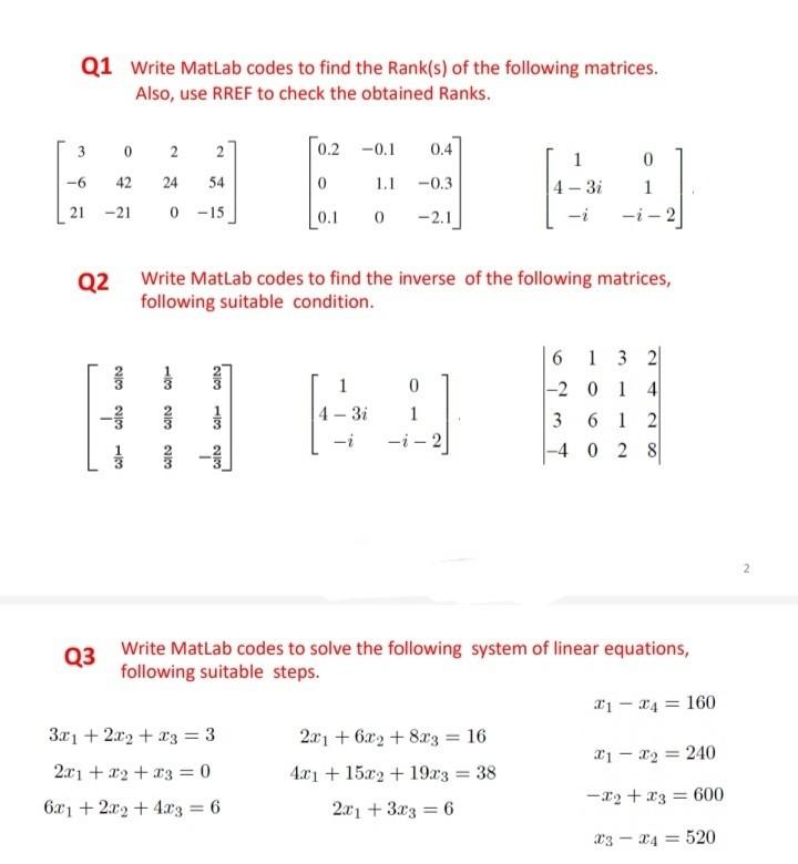 Solved Q4 Write MatLab codes to solve the following | Chegg.com