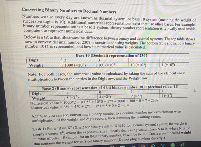 Solved Converting Binary Numbers to Decimal Numbers Numbers | Chegg.com