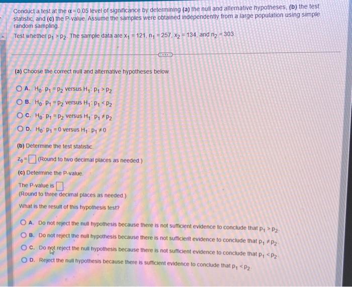 Solved Conduct a test at the α=0.05 level of significance by | Chegg.com