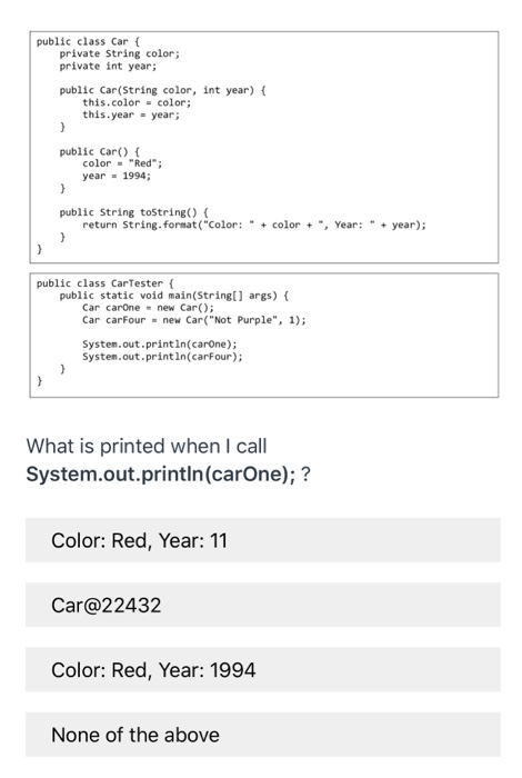 Solved public class Car { private String color; private int | Chegg.com