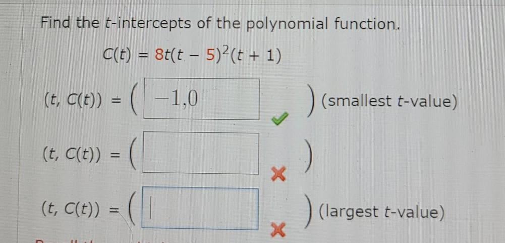 Solved Find the t-intercepts of the polynomial function. | Chegg.com