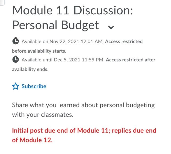 Solved Module 11 Discussion: Personal Budget Available on | Chegg.com