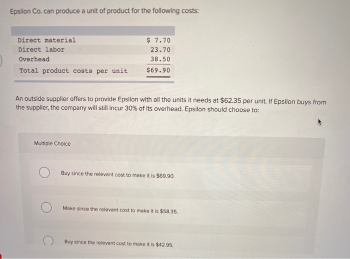 Solved Epsilon Co. can produce a unit of product for the | Chegg.com