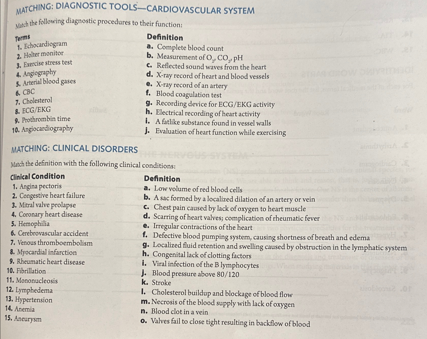 Solved MATCHING: DIAGNOSTIC TOOLS-CARDIOVASCULAR SYSTEMMatch | Chegg.com
