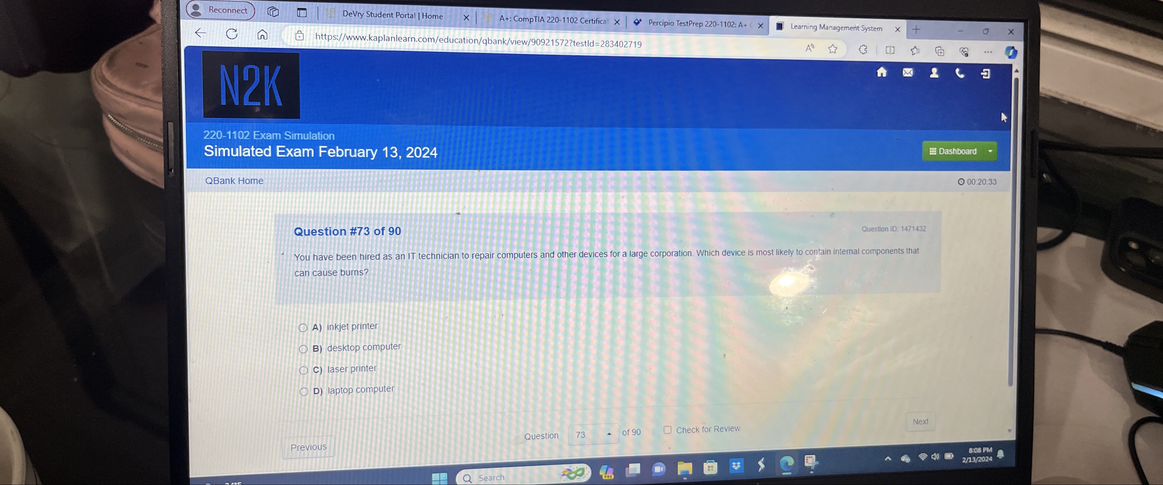 Solved Reconnect[.] DeVry Student Portal | ﻿Home×A+: CompTIA | Chegg.com