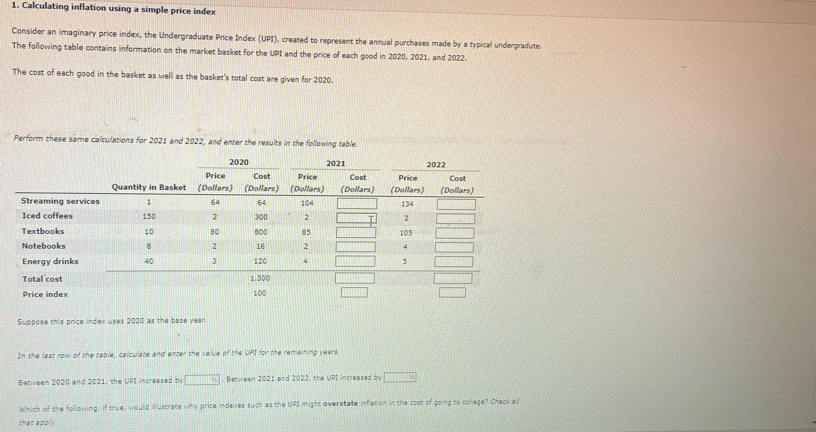 Solved Calculating inflation using a simple price | Chegg.com