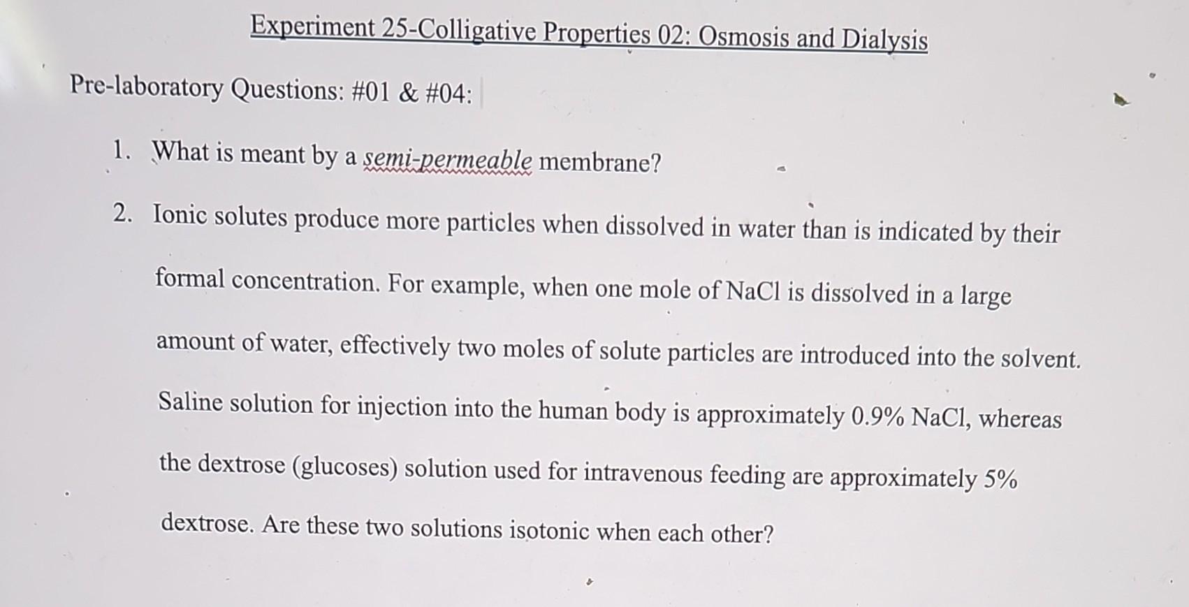 Solved Experiment 25-Colligative Properties 02: Osmosis and | Chegg.com