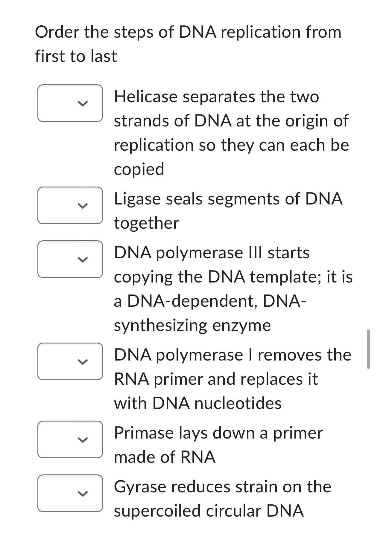 Solved Order the steps of DNA replication fromfirst to | Chegg.com