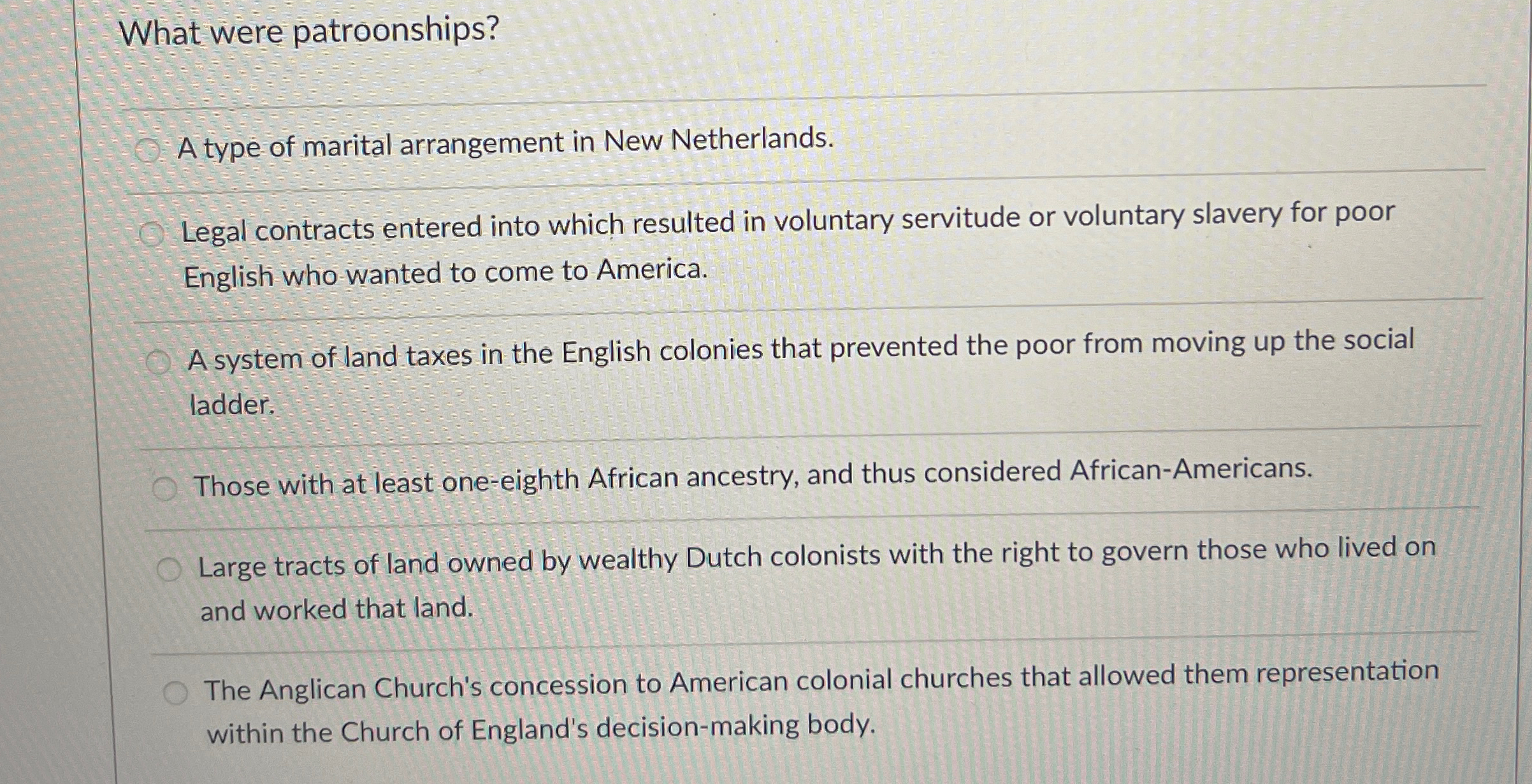 Solved What were patroonships?A type of marital arrangement | Chegg.com
