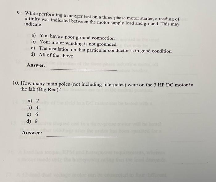 Solved 9. While performing a megger test on a three-phase | Chegg.com
