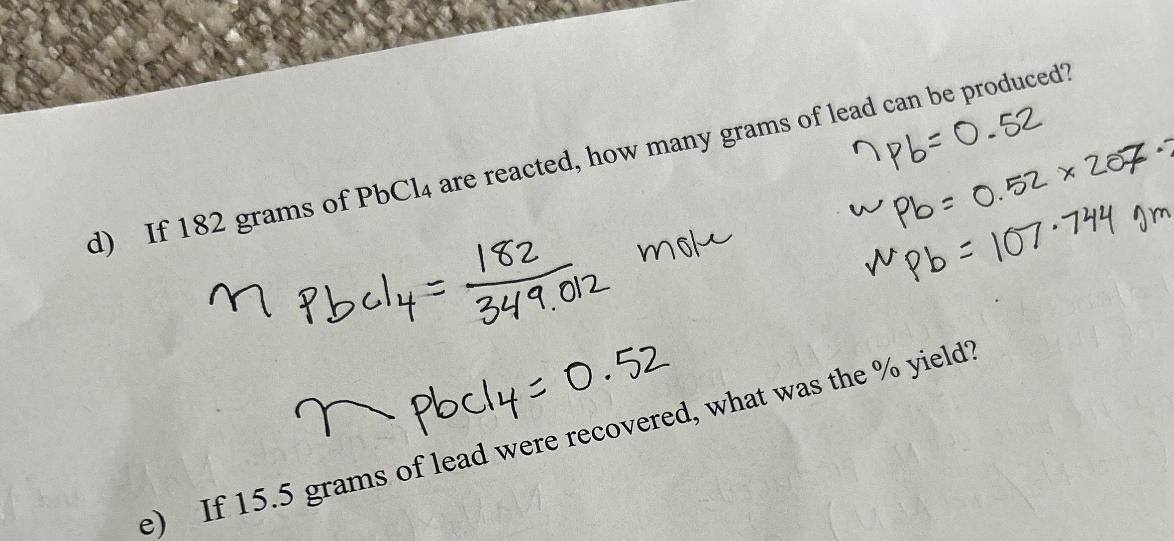 Solved d) ﻿If 182 ﻿grams of PbCl4 ﻿are reacted, how many | Chegg.com