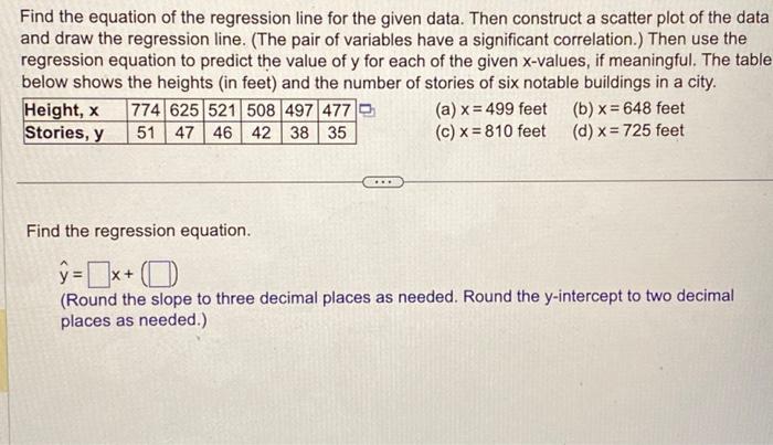 Solved Find the equation of the regression line for the | Chegg.com