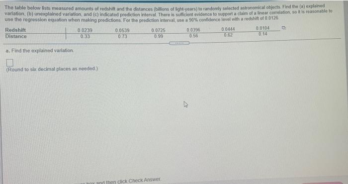 Solved The table below lists measured amounts of redshift | Chegg.com