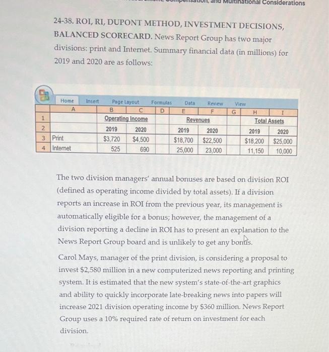 Solved 24-38. ROI, RI, DUPONT METHOD, INVESTMENT DECISIONS, | Chegg.com