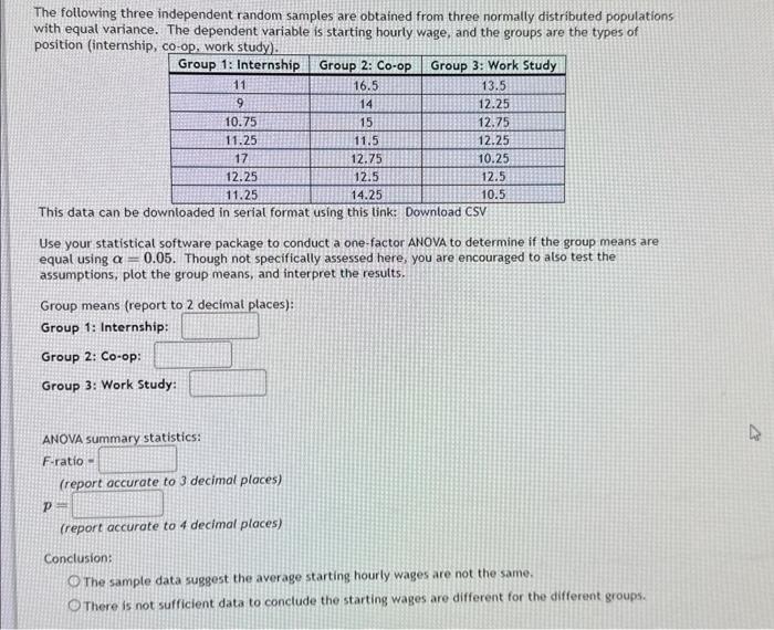 Solved The following three independent random samples are | Chegg.com