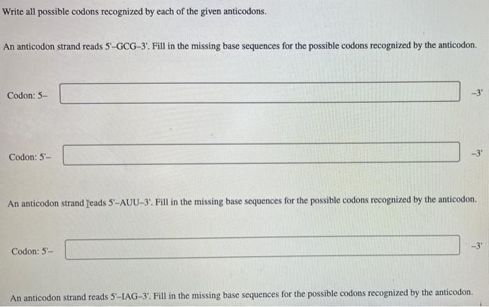 Solved Write all possible codons recognized by each of the | Chegg.com