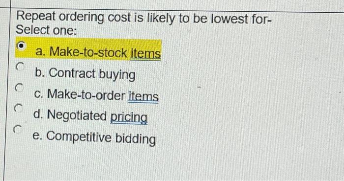Repeat ordering cost is likely to be lowest forSelect | Chegg.com