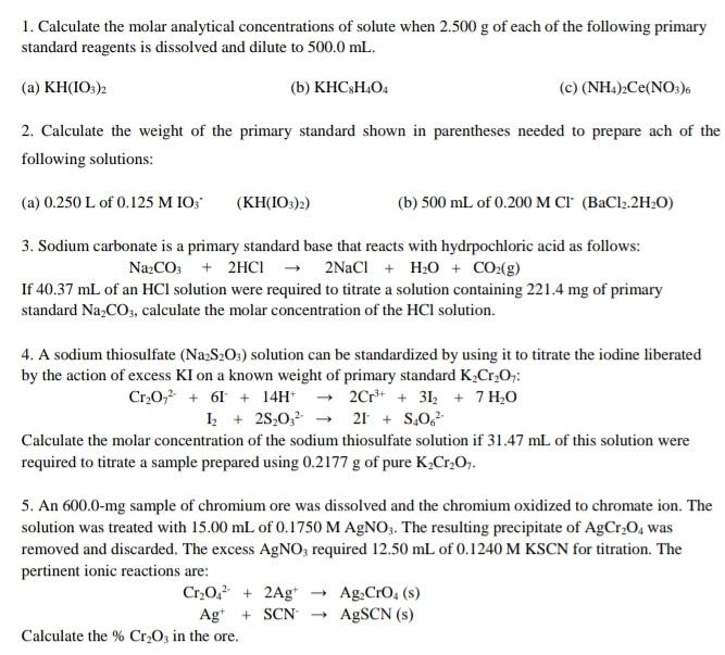 Solved 1. Calculate the molar analytical concentrations of | Chegg.com