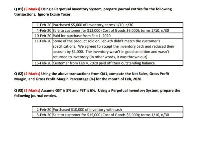 Solved Q #1) (5 Marks) Using a Perpetual Inventory System, | Chegg.com
