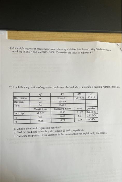 Solved 18) A multiple regression model with two explanatory | Chegg.com