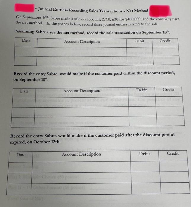 - Journal Entries- Recording Sales Transactions - Net | Chegg.com