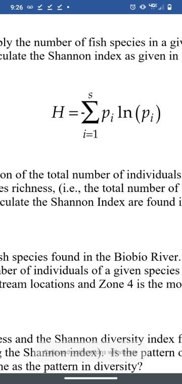 Calculate species richness and the Shannon diversity | Chegg.com