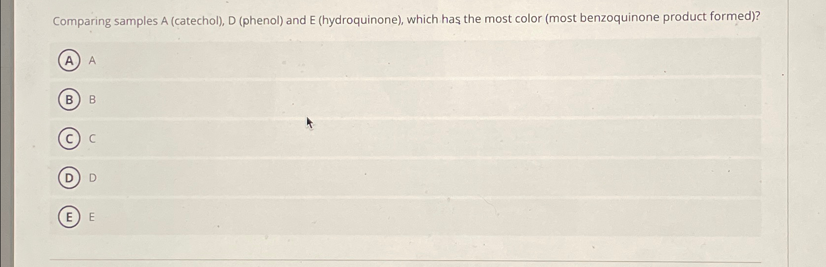 Solved Comparing samples A (catechol), ﻿D (phenol) ﻿and E | Chegg.com