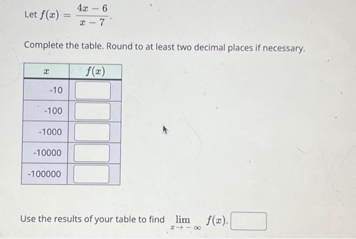 Solved Let f(x) X -10 -100 Complete the table. Round to at | Chegg.com