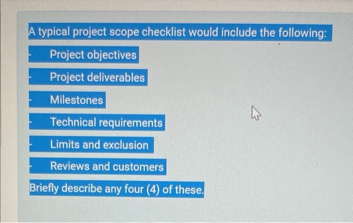 Solved A typical project scope checklist would include the | Chegg.com