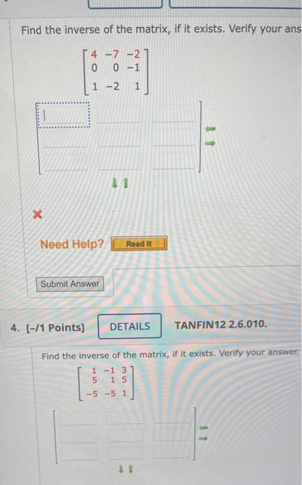Solved Find the inverse of the matrix, if it exists. Verify | Chegg.com