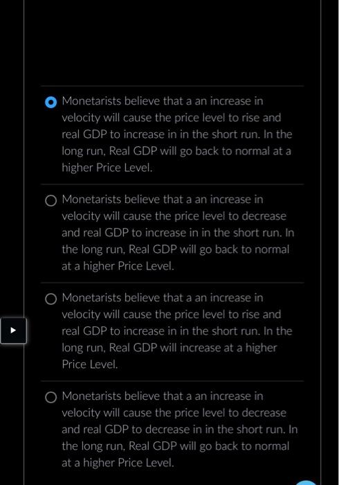 Solved Monetarists believe that a fall in the money supply | Chegg.com
