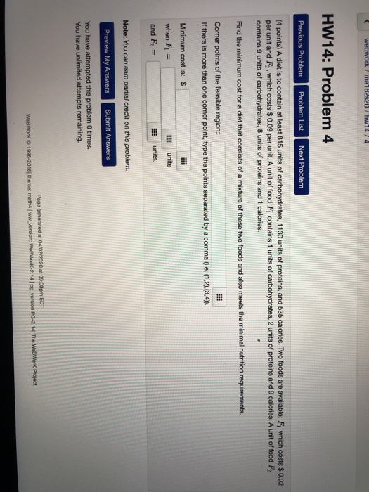 Solved webwork/ ma162520/ hw144 HW14: Problem 4 Previous | Chegg.com