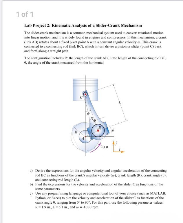 Solved Lab Project 2: Kinematic Analysis of a Slider-Crank | Chegg.com