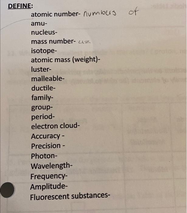 Solved DEFINE: atomic number-numbers of amu- nucleus- mass | Chegg.com