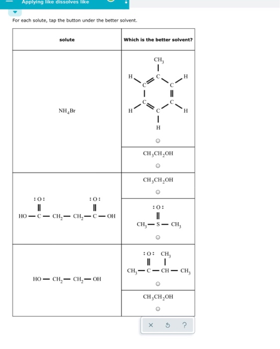 Solved - Applying ke dissolves like For each solute, tap the | Chegg.com