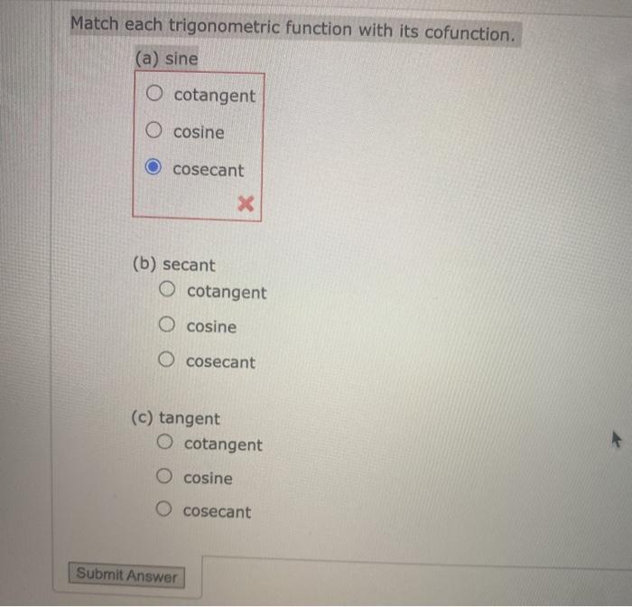 Solved Match each trigonometric function with its | Chegg.com