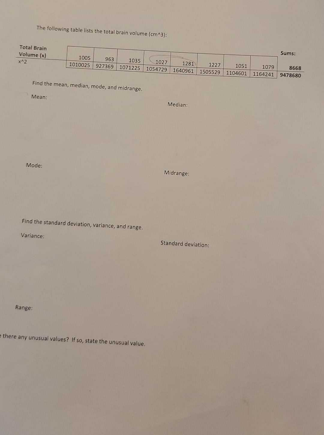 Solved The following table lists the total brain volume | Chegg.com