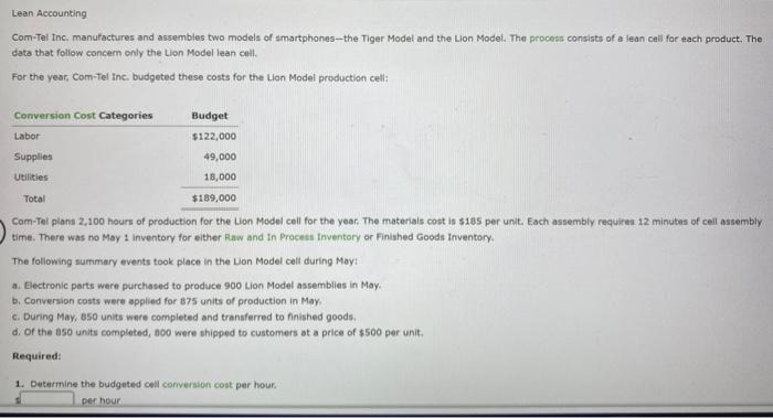 Solved Lean Accounting Com-Tel Inc, manufactures and | Chegg.com