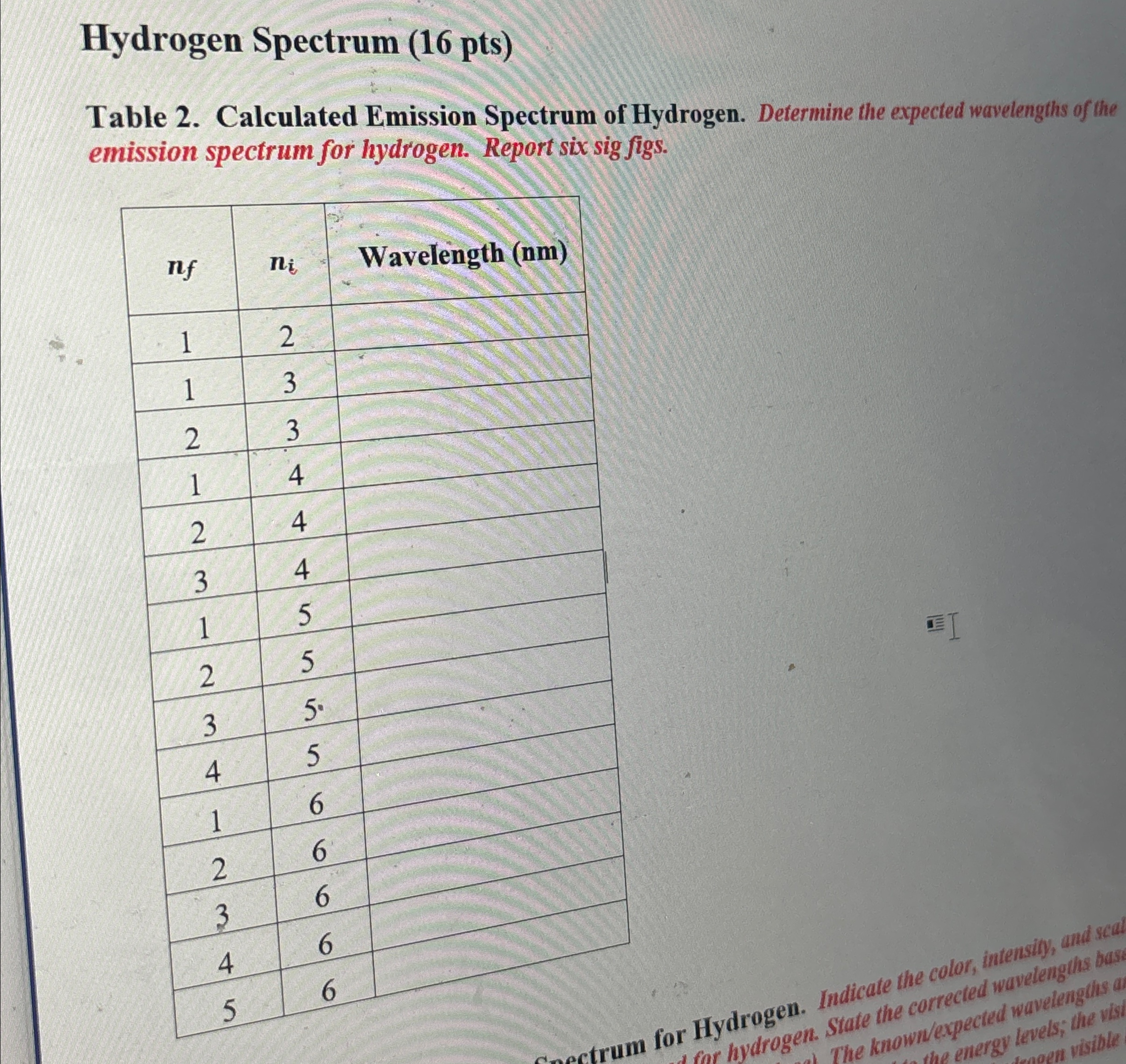 Solved Hydrogen Spectrum (16 ﻿pts)Table 2. ﻿Calculated | Chegg.com