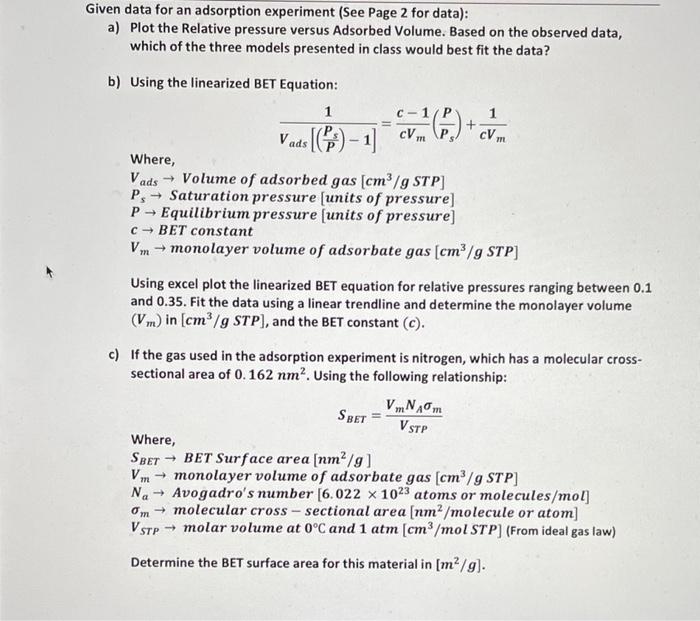Solved Given data for an adsorption experiment (See Page 2 | Chegg.com