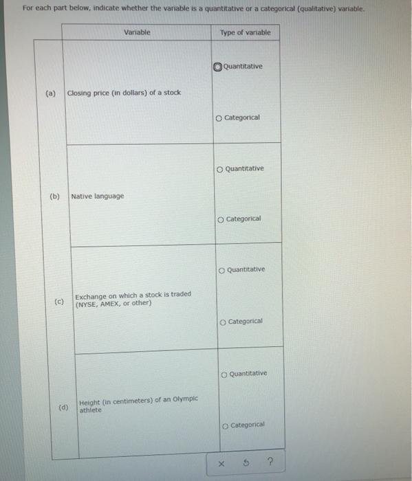 Solved For each part below, indicate whether the variable is | Chegg.com