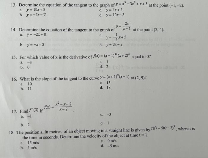 Solved 13. Determine the equation of the tangent to the | Chegg.com